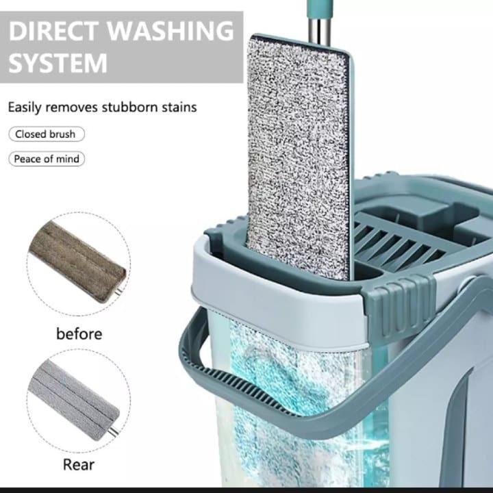 NEW Touchless Mop Flat Floor Wash Mops Bucket Magic Cleaner Self-wring Squeeze Double Side ...