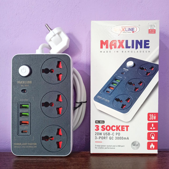 Maxline ML-804, 3 Socket & 4 USB With Lightning Port Fast Charging PD20W QC3.0 Multiplug Power ...