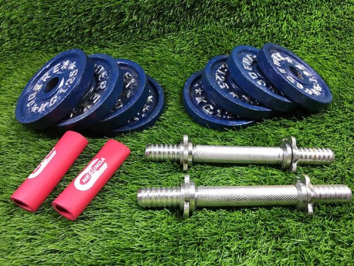 Eight Pieces Dumbbell Set With Two 10 inch Sticks - 10Kg - Blue and ...
