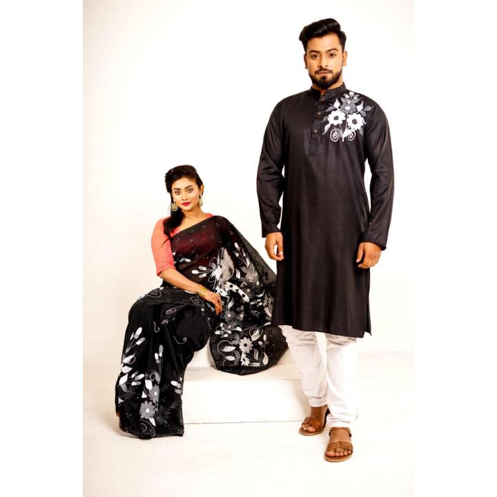 New Hand Print Half Silk Saree And Dhupian Panjabi For Combo | Daraz.com.bd