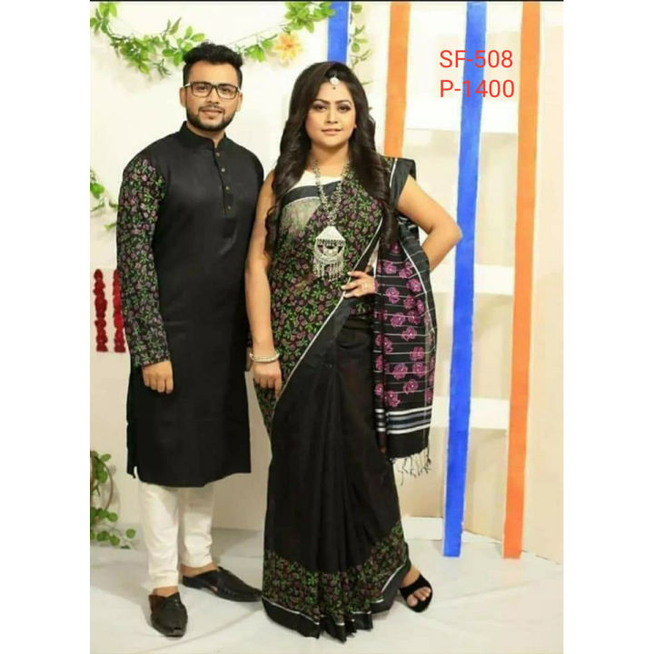 Exclusive Design Block Print Half Silk Saree With Panjabi Combo For ...