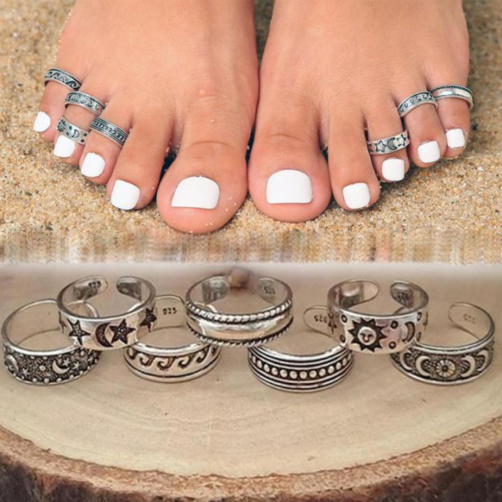 7 Pcs Vintage Adjustable Open Toe Finger Ring for Girls Foot - Retro ...