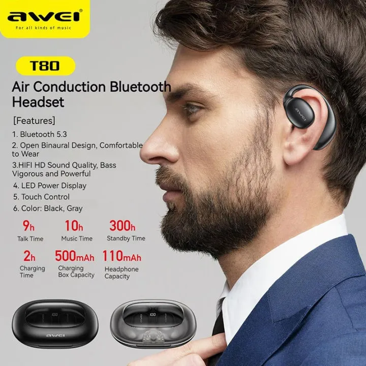 Awei T80 OWS Bluetooth Air Conduction Earbuds Headset With Mic Earphone ...