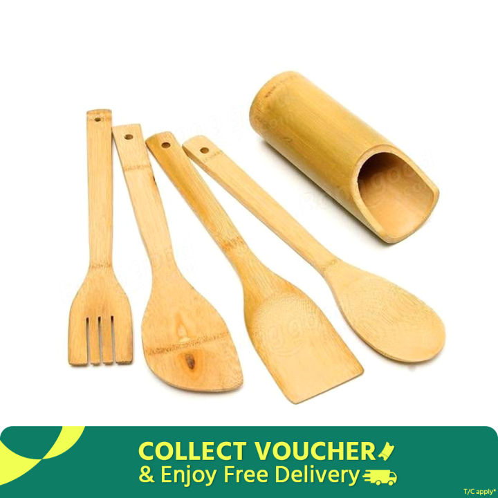 Natural Bamboo Cooking Spoon Set with Stand | Daraz.com.bd