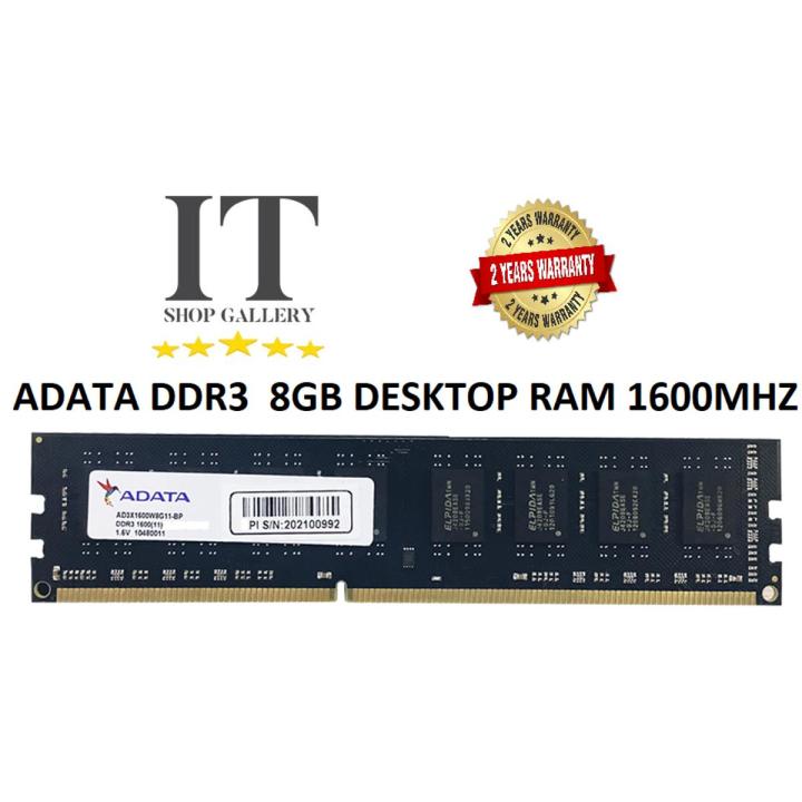 ADATA 8GB DDR3 1600 MHZ DESKTOP RAM, SDRAM PC3-12800 1600MHz 240-pin ...