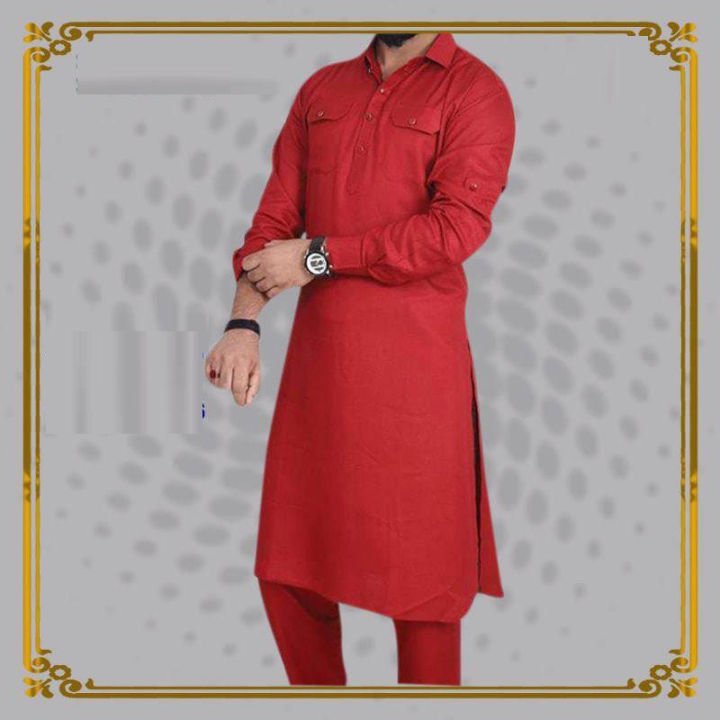 Stylized Cotton Red Color Semi Long Kabli Set for Men | Daraz.com.bd