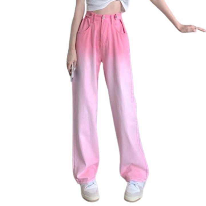 Individualized Straight Gradient Pink Jeans Lengthening Casual Denim ...