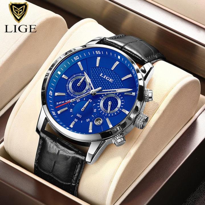 LIGE 9866 Black PU Leather Chronograph Watch For Men - Royal Blue ...