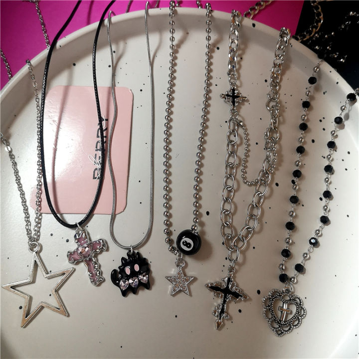 Kpop Goth Punk Black Cat Big Star Pendant Chain Pink Cross Heart Beaded ...