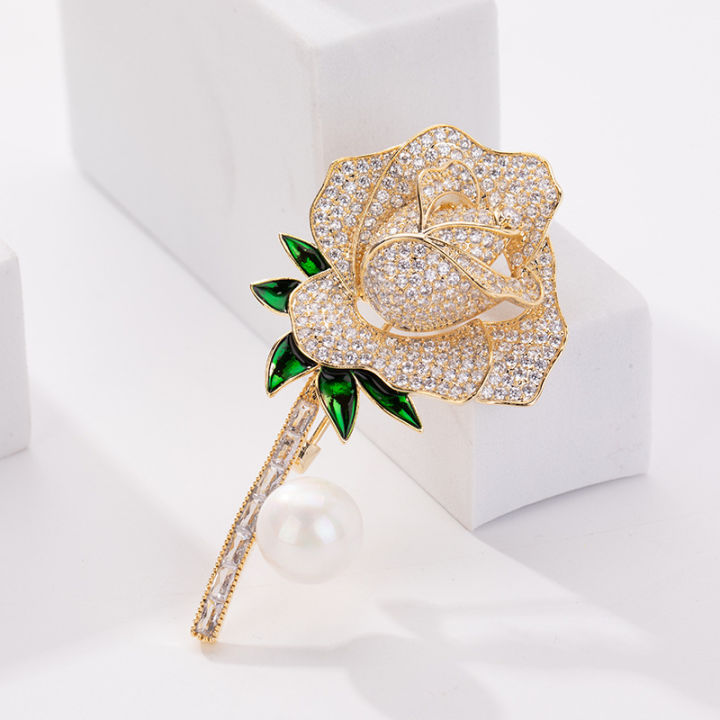 New Trendy Elegant Rhinestone Rose Flower Tulip Brooches New Gold Color ...