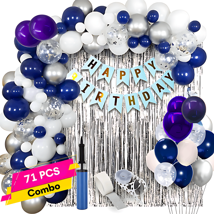 Blue Theme Birthday Combo: Birthday Banners, Backdrop Curtains, Metallic Balloons, Confetti ...