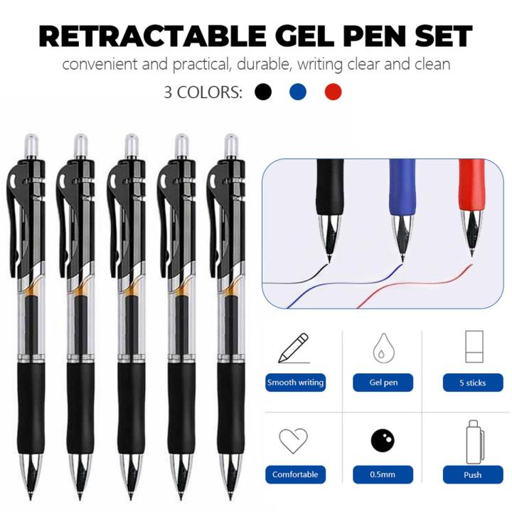 New 5pc/et 0.5mm Retractable Gel Pen Black Blue Red Ball Point Pen ...