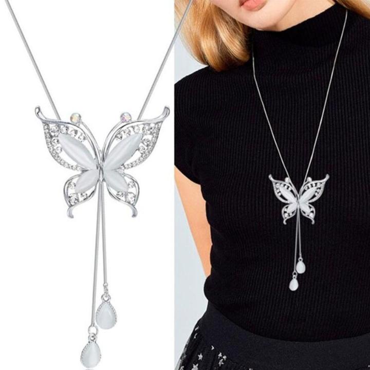 Opal Stone Butterfly Chain Sweater long Necklace Pendants Gift for Girl ...