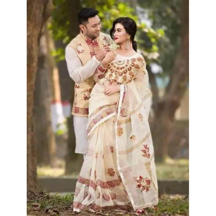 Exclusive Designer Half Silk Shuli Ful Saree and Dhupian Silk Panjabi ...