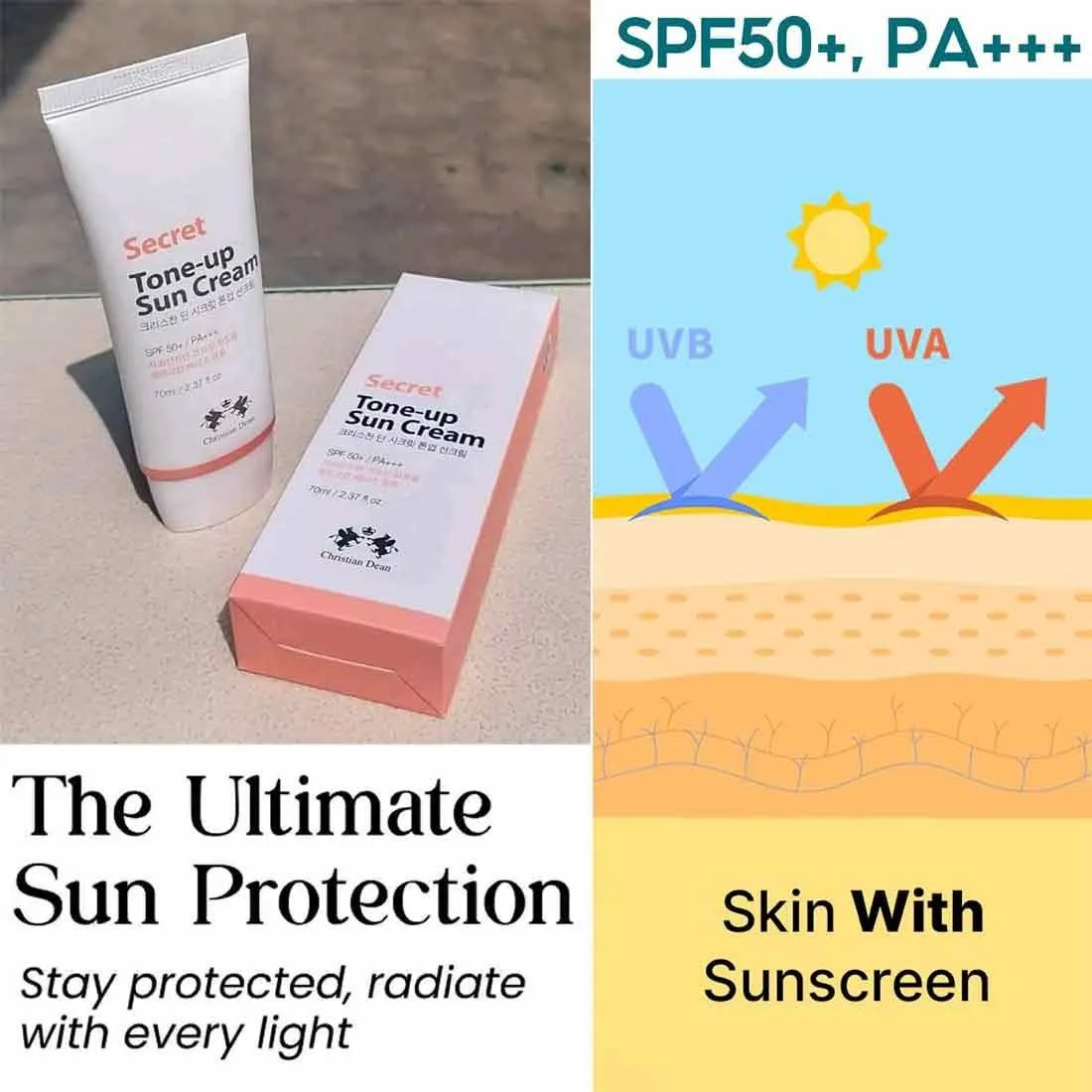 Christian Dean Secret Tone Up Sun Cream SPF 50+ 70ml, Brightening and ...