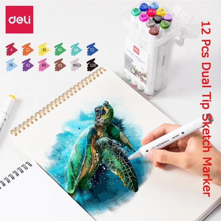 Deli 12 Pcs Instant Dry Dual Tip Art Markers, Permanent Alco. Based ...