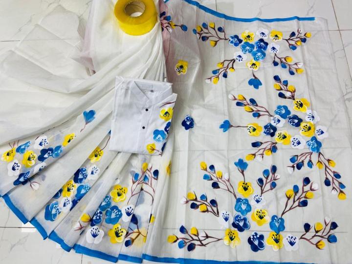 Couple set Half Silk Hand Print Saree and Panjabi Fashionable, Stylish ...