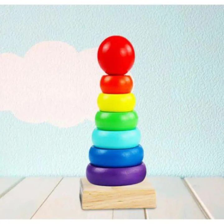 Rainbow stacking ring rower solid wood educational baby toy classic ...