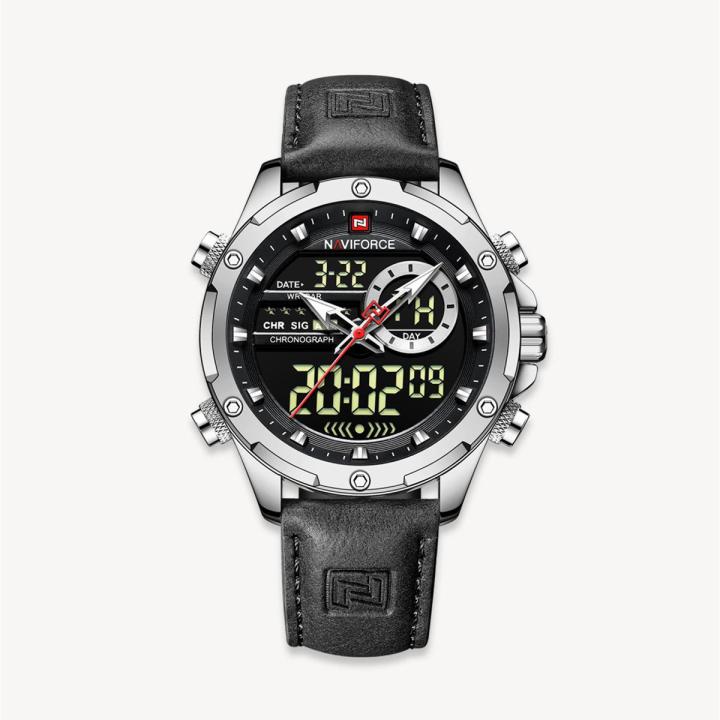 NAVIFORCE NF9208 Black PU Leather Dual Time Watch For Men - Silver ...
