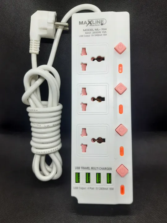 4USB Multi Plug Maxline ML-704 Multiplug 3 Port Extention Socket 3 Meter Cable | Daraz.com.bd