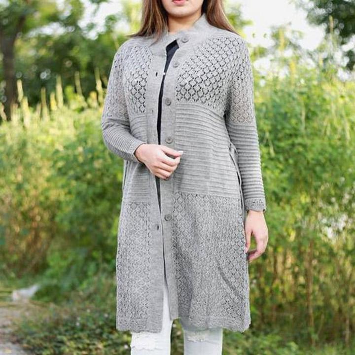 Women Grey Self Design Cardigan Sweater | Daraz.com.bd