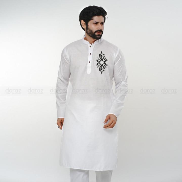 Stylish Semi Long White Cotton Printed Punjabi for Men Panjabi New ...