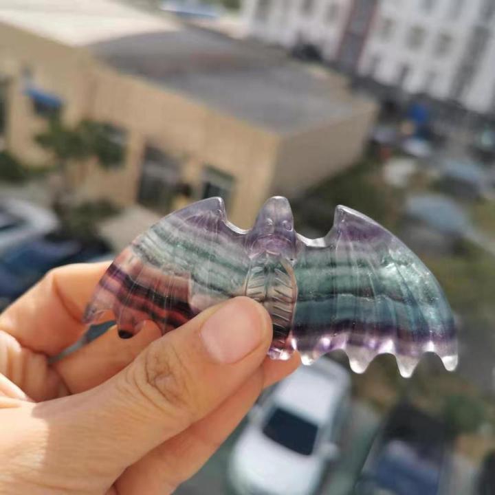 【happy one】Natural Stone Carved fluorite bat Mineral crystal figurine ...
