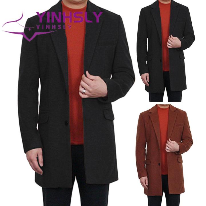 Men Long Coat Stylish Men's Winter Overcoat Turn-down Collar Single ...
