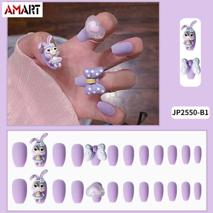 24PCS 3D Rabbit Fakes Nails Long Pointed Head Sweet Style Finished Nail ...