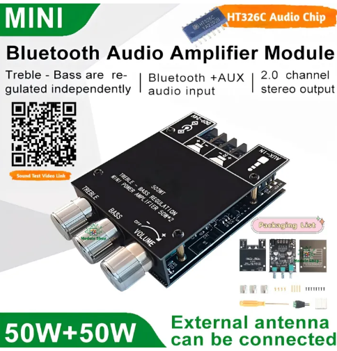 502MT Bluetooth 5.0 Super Base Amplifier Board with Acrylic Box Sell 2.0 Channel 2x50W Power ...