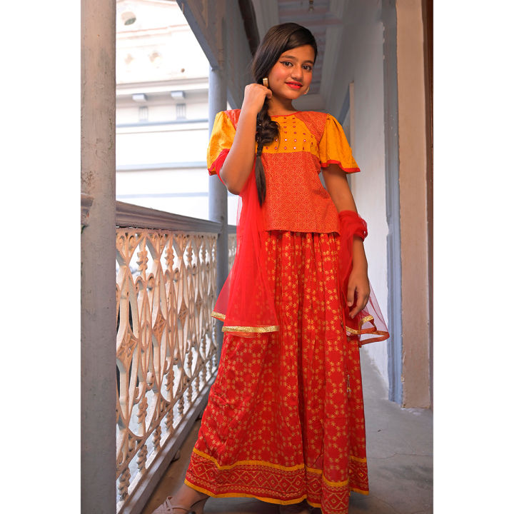 SHOISHOB BANGLADESH Red & Yellow All Over Printed & Mirror Glass Ghagra ...
