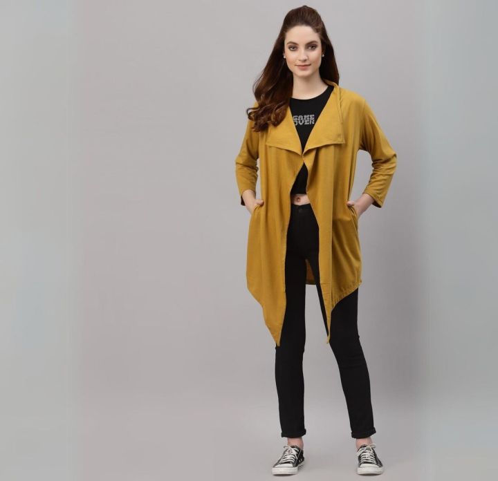 Rigo Women Mustard Waterfall Collar Front Open Long Shrug | Daraz.com.bd