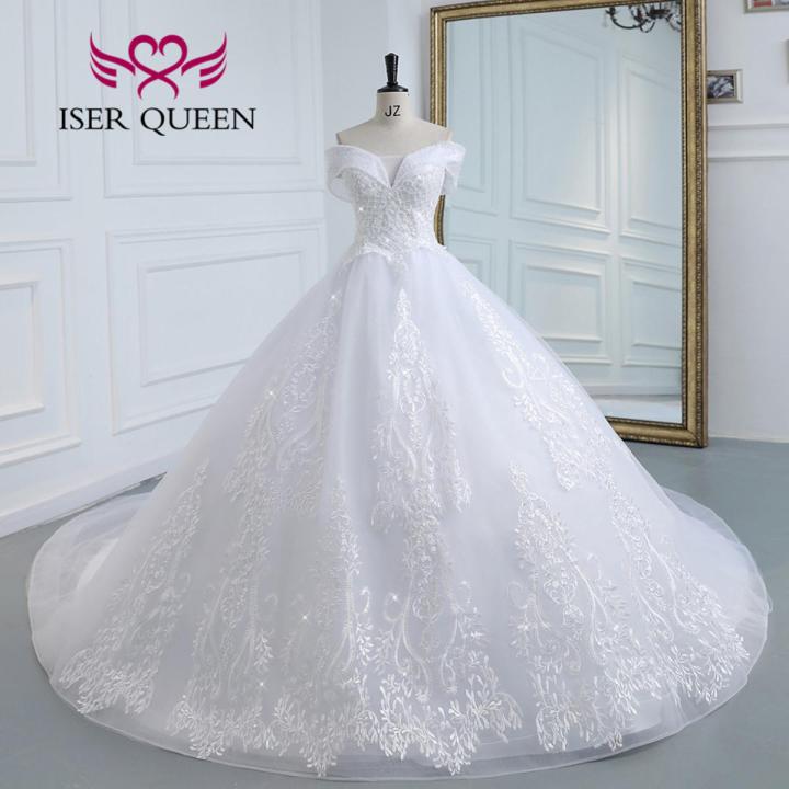 Small Pearls Beaded Lace Appliques Long Train Wedding Dress 2023 Off ...