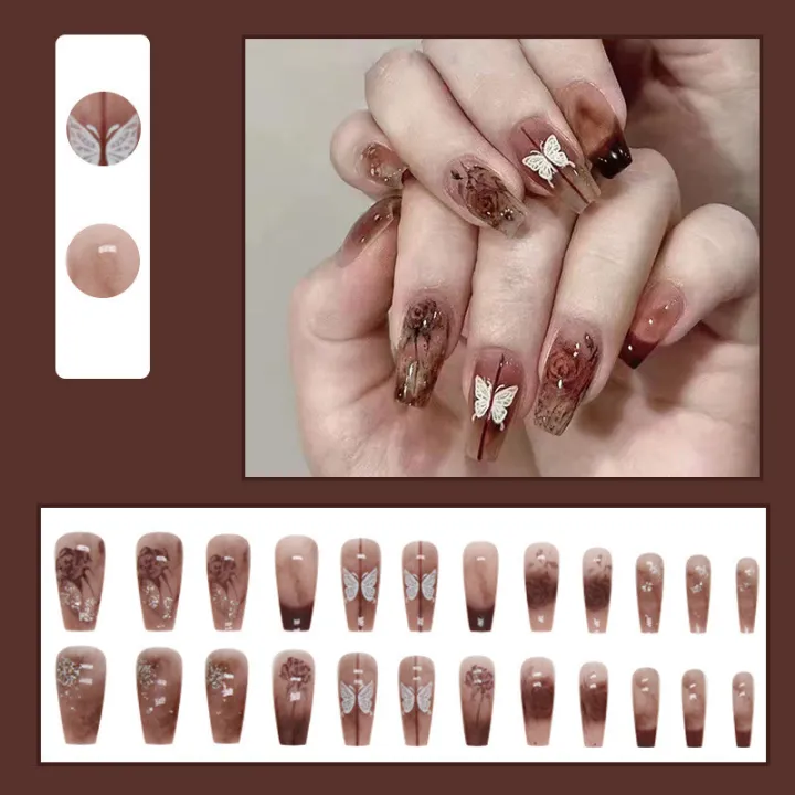 24Pcs Rose Butterfly Fake Nails with Glue DIY Art Design False Nails ...