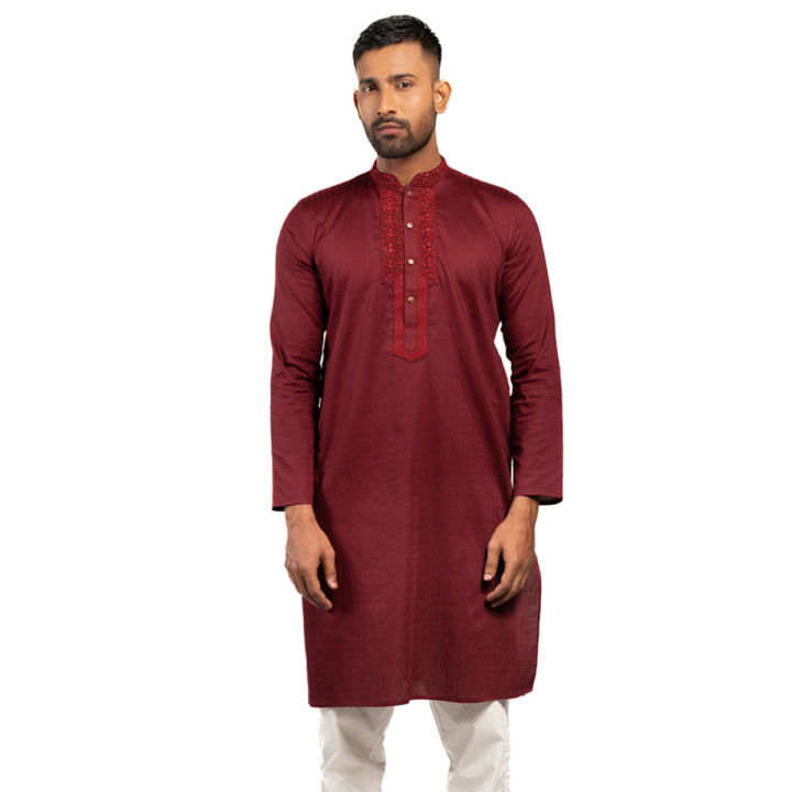 Kay Kraft Maroon Cotton Karchupi Ornamented Panjabi Men'S Panjabi For ...