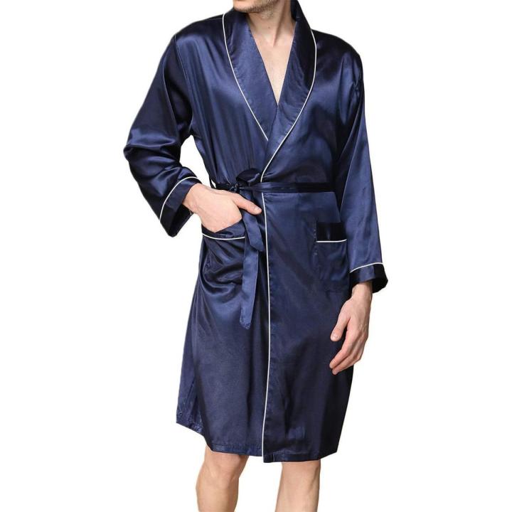 Men Satin Bathrobe with Belt, Adults Contrast Color Long Sleeve V-neck ...