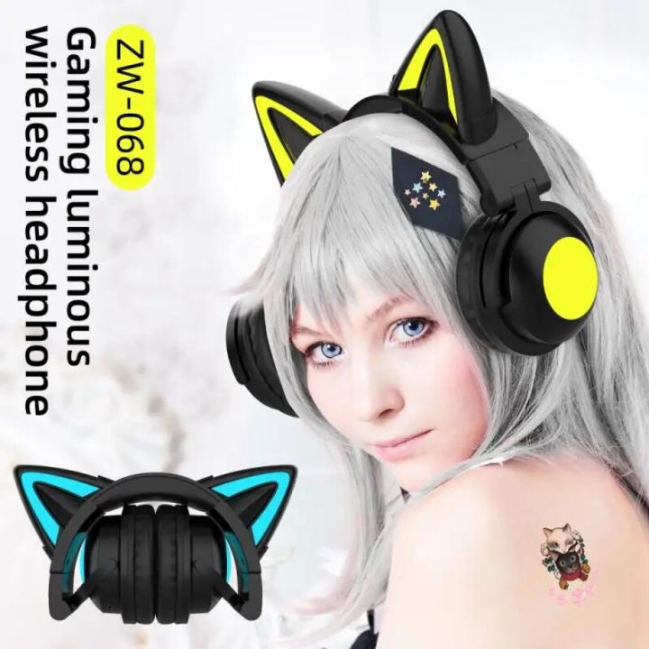 ZW-068 Gaming Headphones Luminous Wireless Cat Ear Headset Head-mounted ...