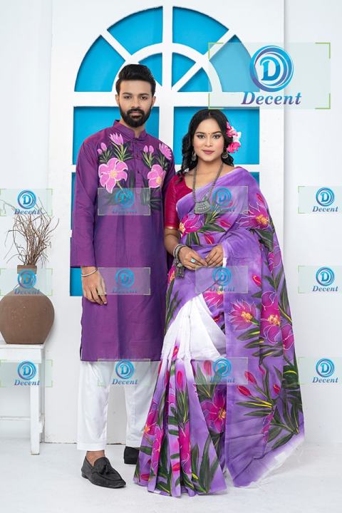 New Hand Print Half Silk Couple Dress Sharee and Panjabi for man and ...
