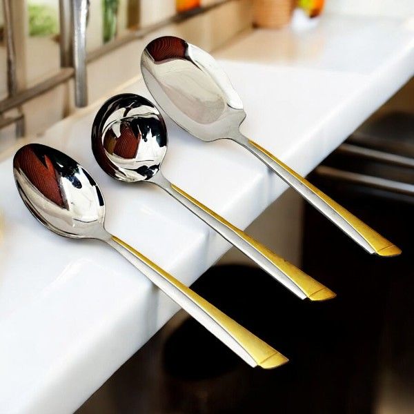 3-Piece Spoon Set - Elegant Stainless Steel Big Soup, Rice, and Long ...