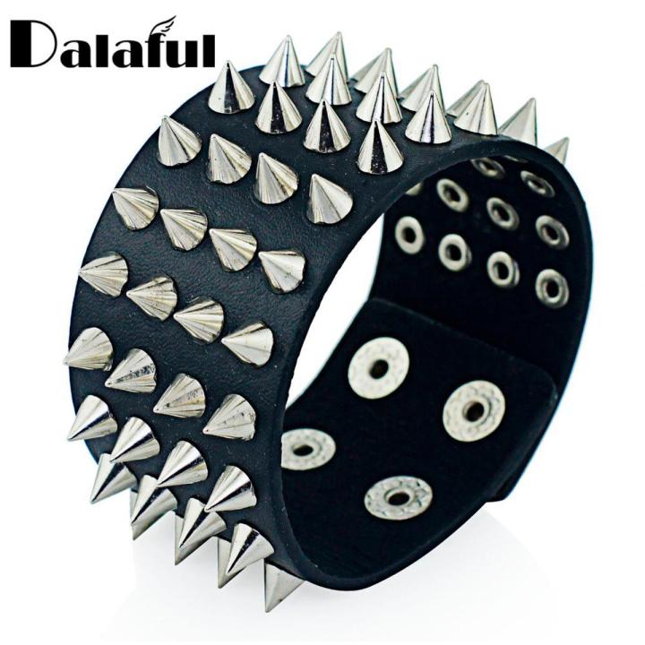 Unique Four Row Cuspidal Spikes Rivet Stud Wide Cuff Leather Punk ...