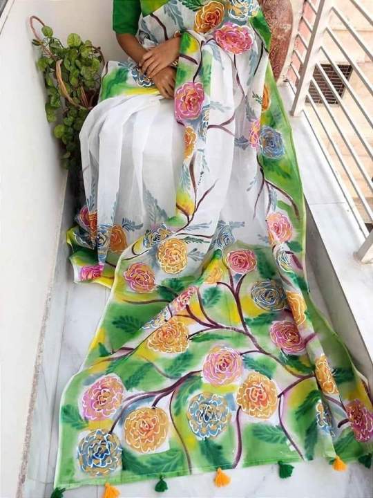 Exclusive Designer Hand Print Resom silk Saree / Resom suti Saree Super ...