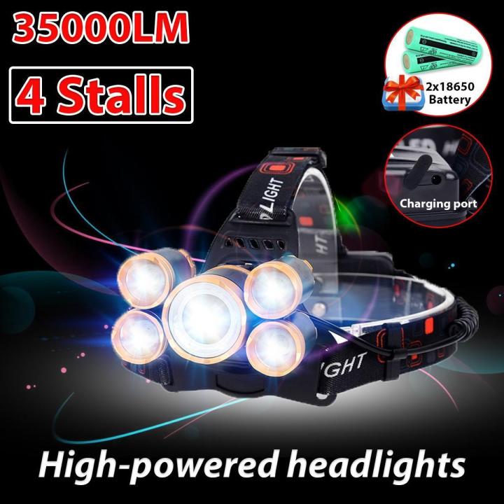 Lumens 5x Cree T6 LED Headlamp USB Rechargeable 18650 Li-ion Fixed ...