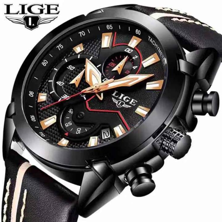 LIGE 9869 New Design Genuine Leather Chronograph Multifunctional ...