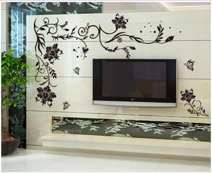 Removable Vinyl Black Flowers and Flower Vines Wall Decals DIY Home Art ...