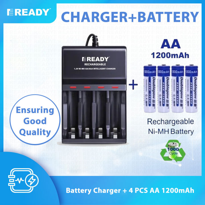 Battery Charger + 4 PCS AA 1200mAh Rechargeable Battery Combo Pack ...