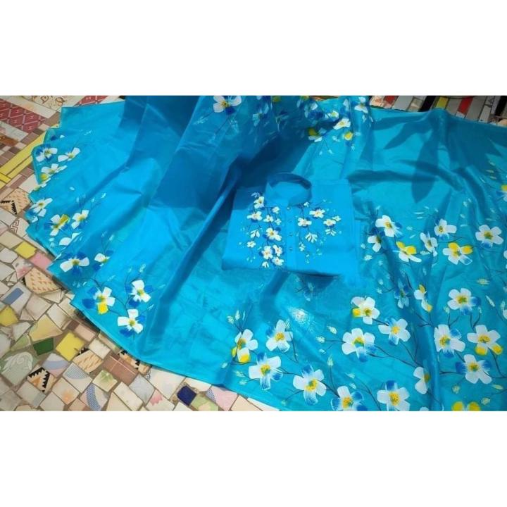 Exclusive Designer Hand Print Resom silk Saree / Resom suti Saree Super ...