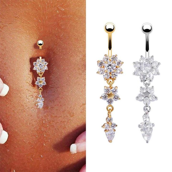 Women Beauty Crystal Flower Dangle Navel Belly Button Ring Body PiercingJewelry Daraz .bd