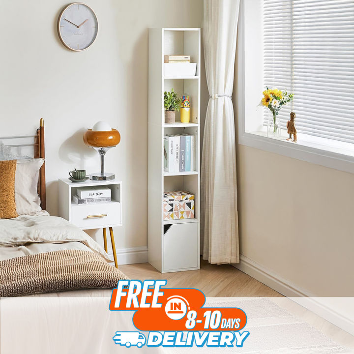 5 Tier Tall Narrow Bookcase, 60x12 inch Modern Bookcase with Doors ...