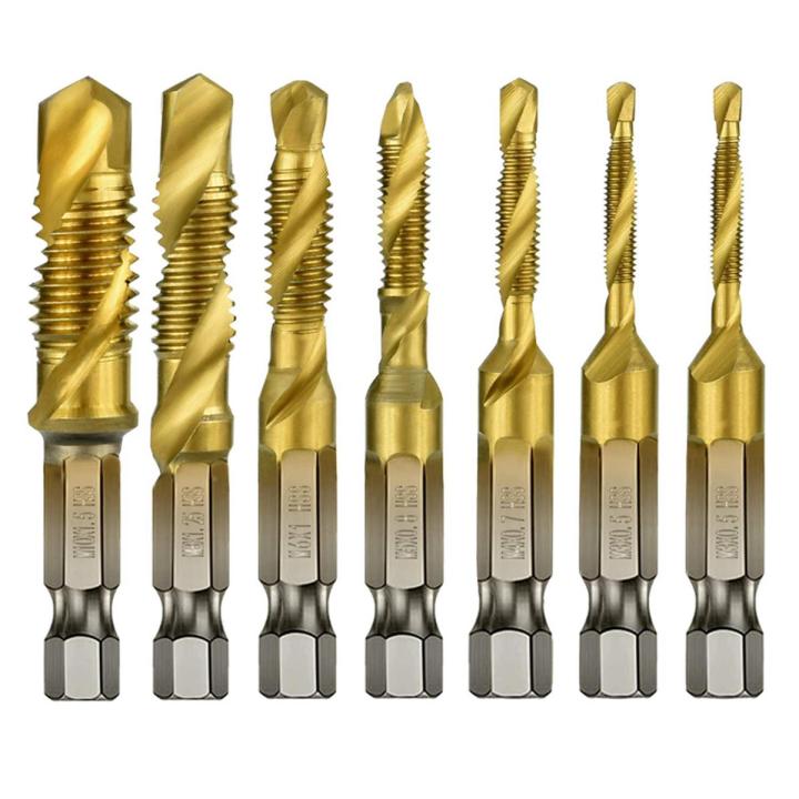 7Pcs 1/4Inch Hex Shank Titanium Combination Drill and Tap Set Metric ...