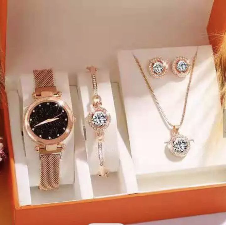 Luxury Women Watches Crystal Bracelet Stud Earring Necklace Set | Daraz ...